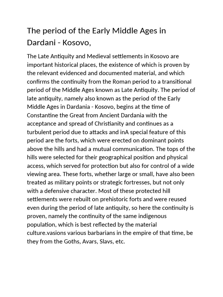 Early Middle Ages in Dardani Kosovo | PDF