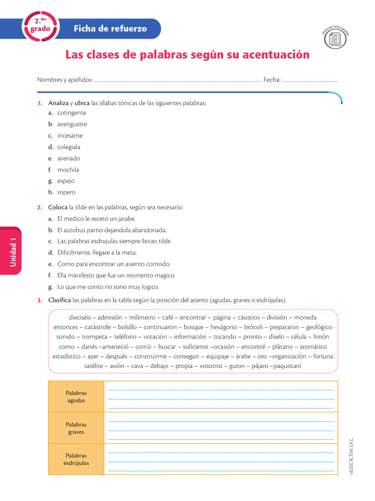 LAS CLASES DE PALABRAS SEGÚN SU ACENTUACIÓN_ 2_3_ ORTOGRAFÍA_REFUERZO ...