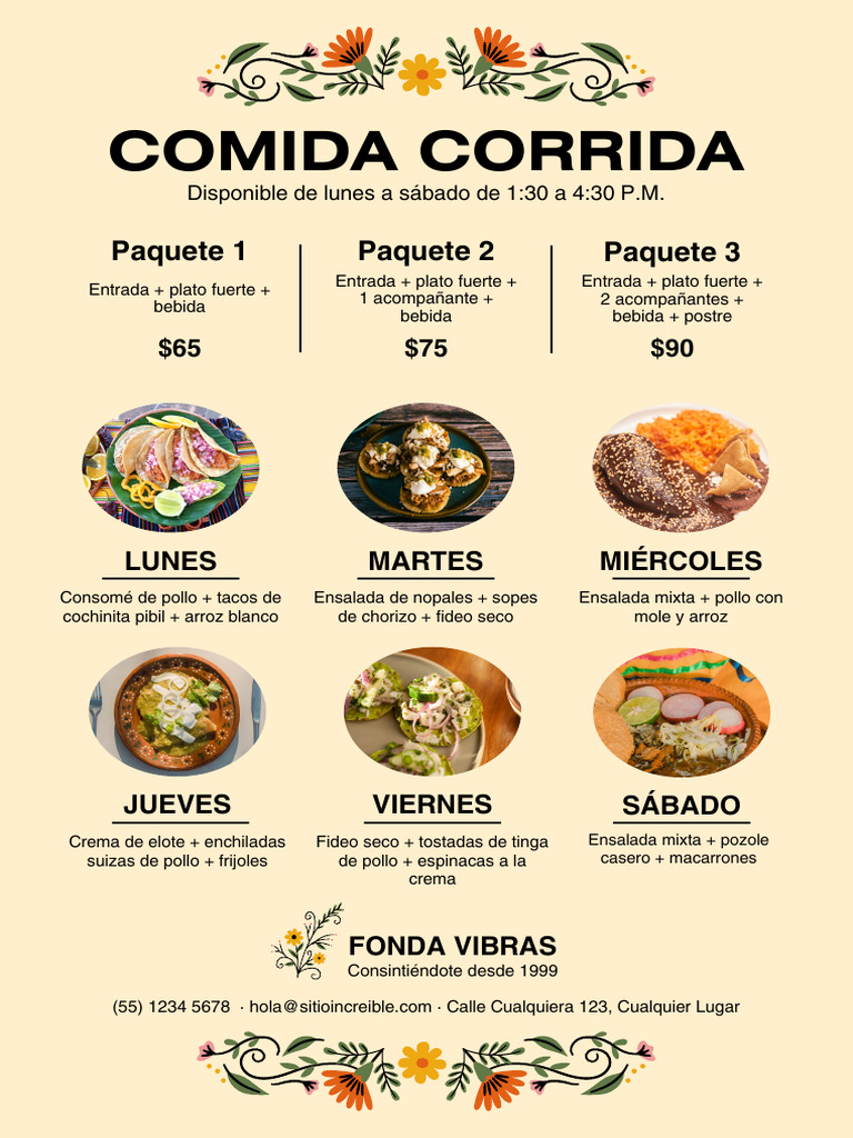 Menú vertical documento A4 menú comida corrida mexicano simple amarillo | PDF