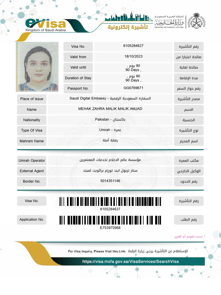 Umrah Visa Details for Mehak Malik | PDF