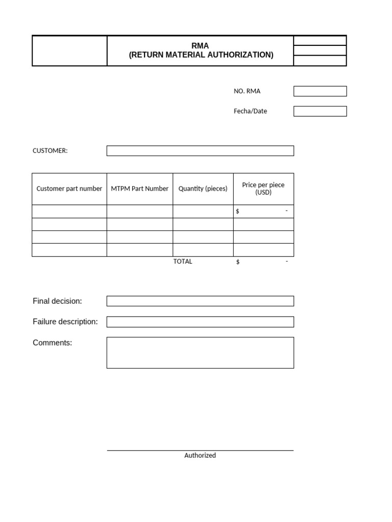 RMA (Return Material Authorization) : No. Rma Fecha/Date | PDF