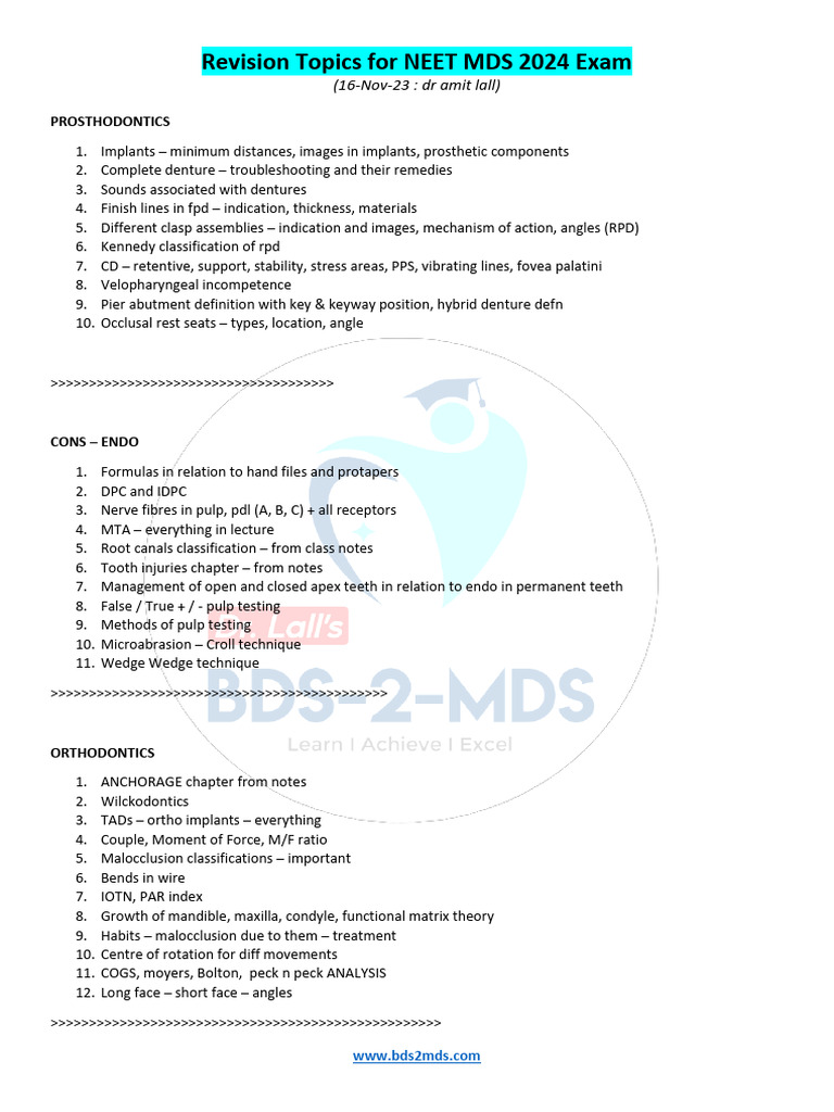 16-Nov-23 - Revision Topics for Neet Mds 2024 | PDF | Dental Implant ...