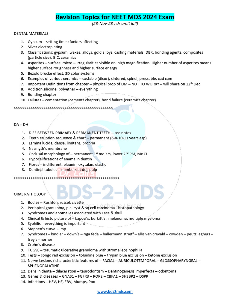 23-Nov-23 - Revision Topics for Neet Mds 2024 | PDF | Dental Implant ...