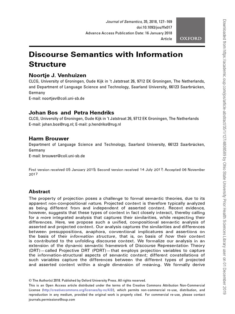 Discourse Semantics with Information Structure - Venhuizen 2018 | PDF | Semantics | Information