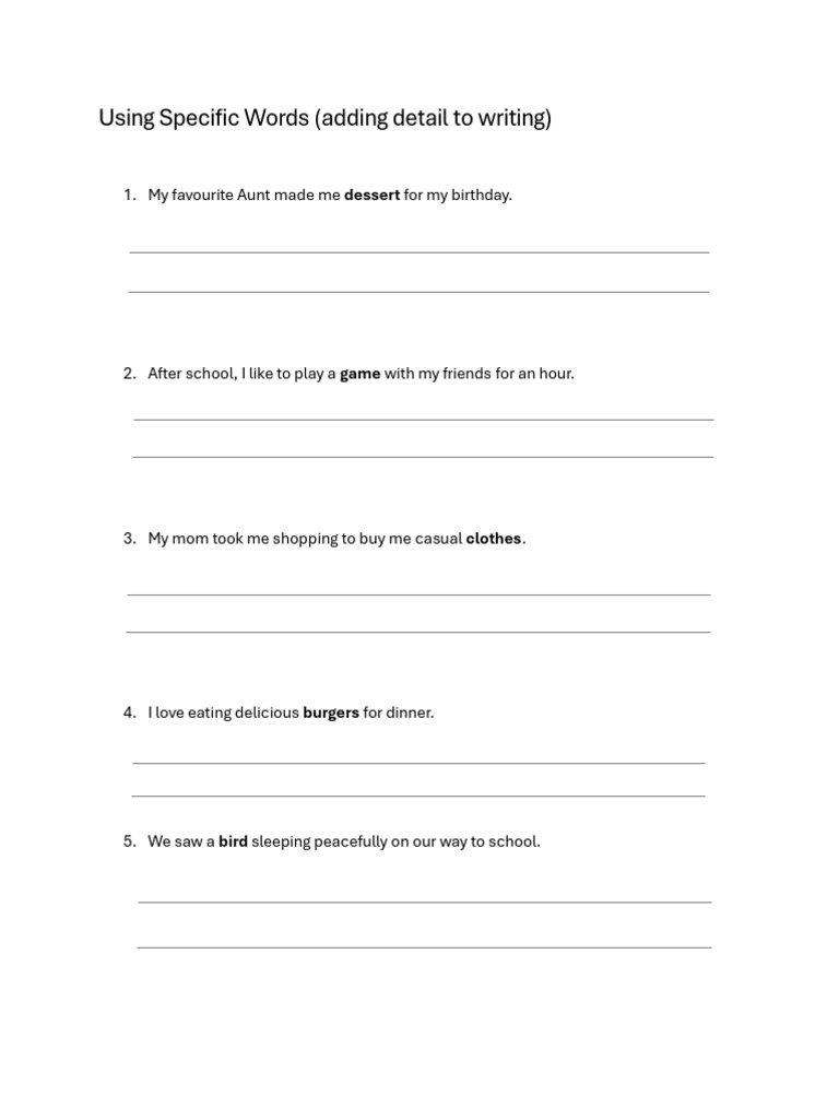 Specific Words-Adding Details To Writing Worksheet - Tarina | PDF