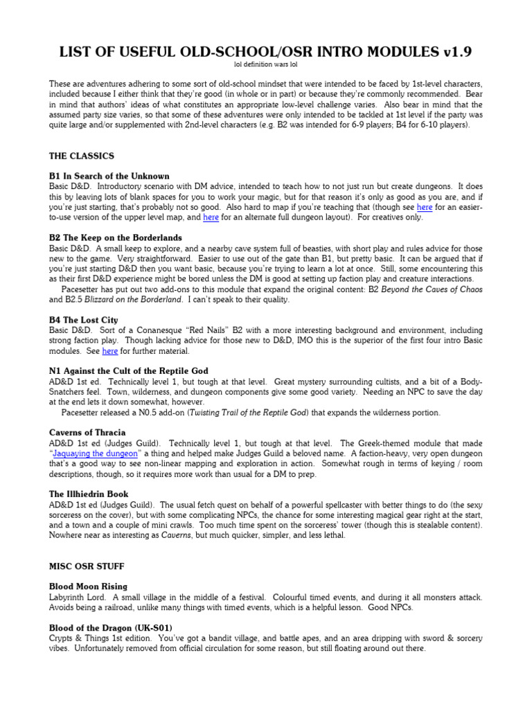 List of Useful Old-School-OSR Intro Modules (1.9) | PDF | Role Playing ...