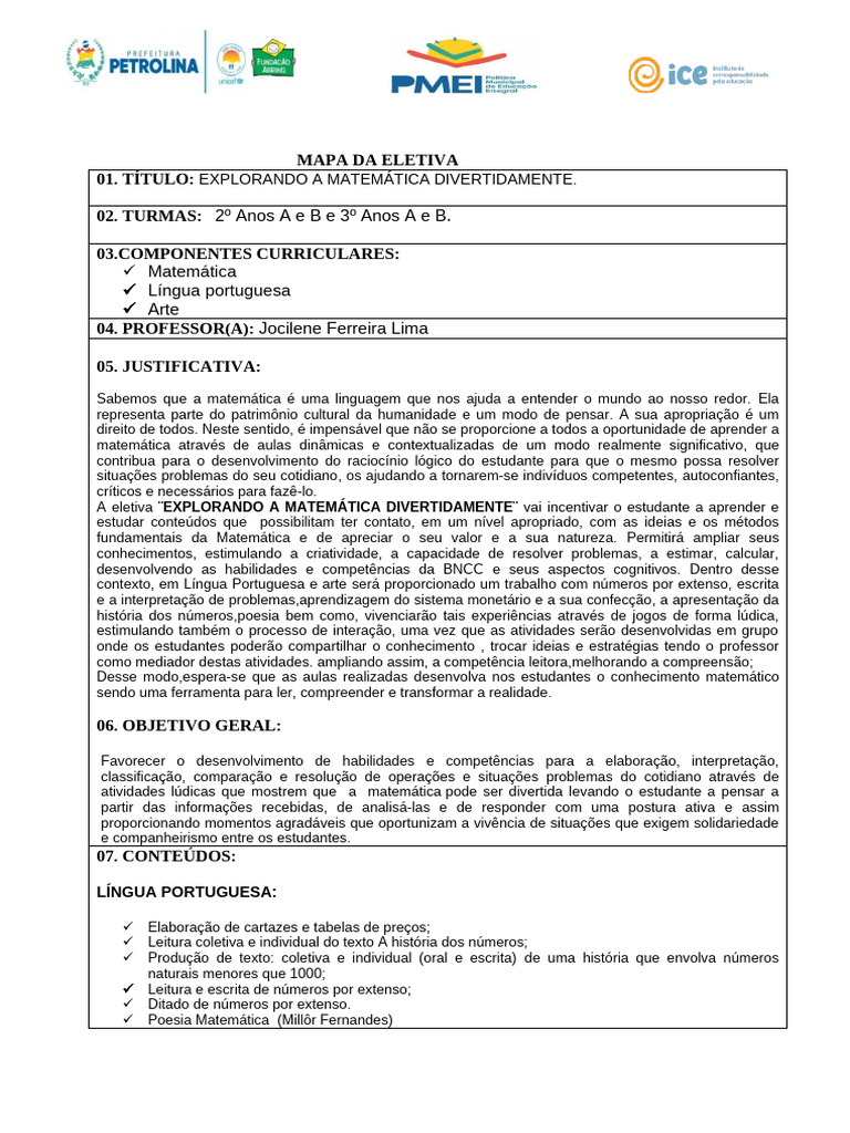 MAPA DA ELETIVA Explorando A Matemática Divertidamente | PDF | Matemática | Aprendizado