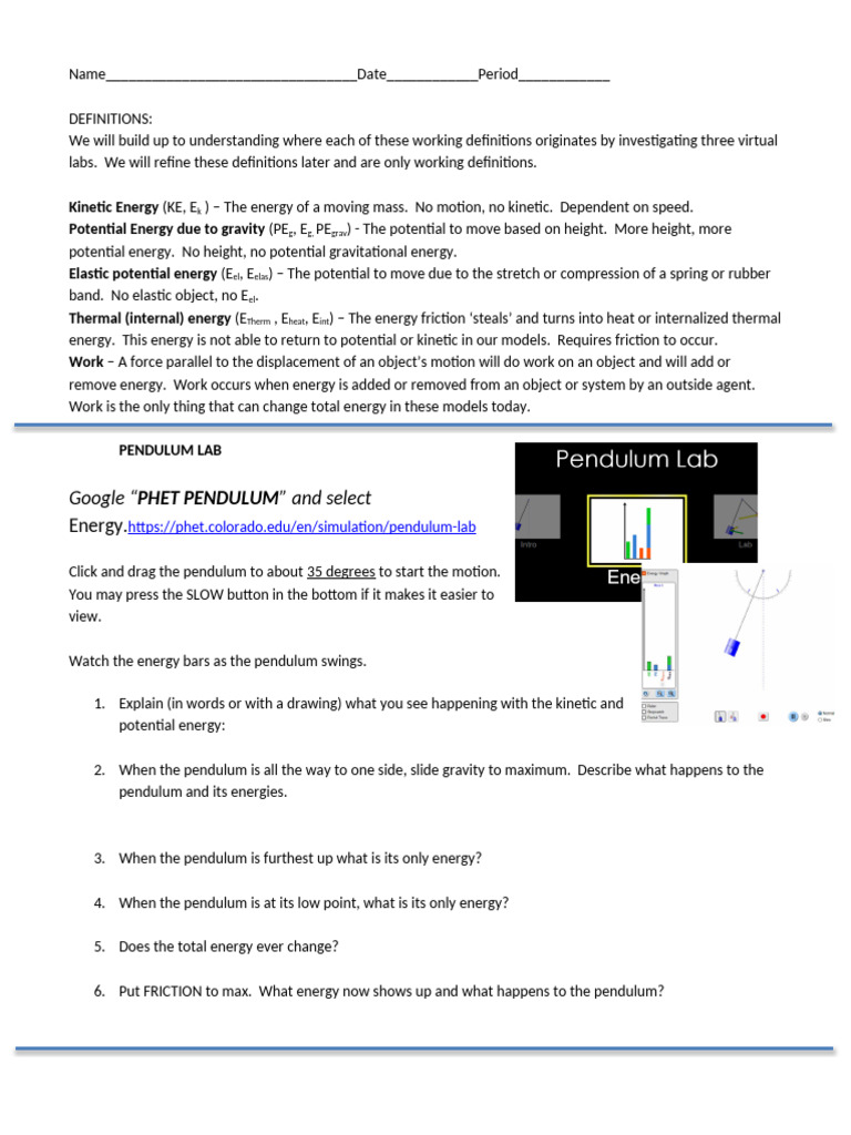 GWC PHYSICS ONLINE LAB 5-Introduction To Types of Energy PHET-1 | PDF ...