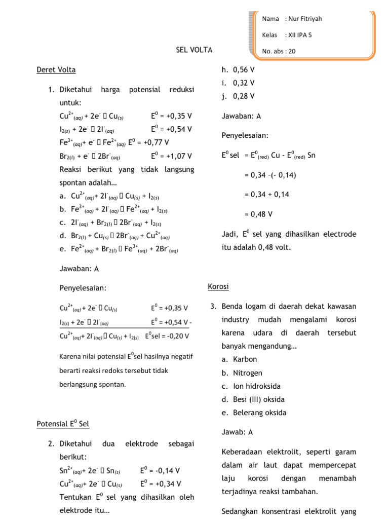 Soal+Pembahasan: Sel Volta | PDF | Sains & Matematika | Teknologi & Rekayasa