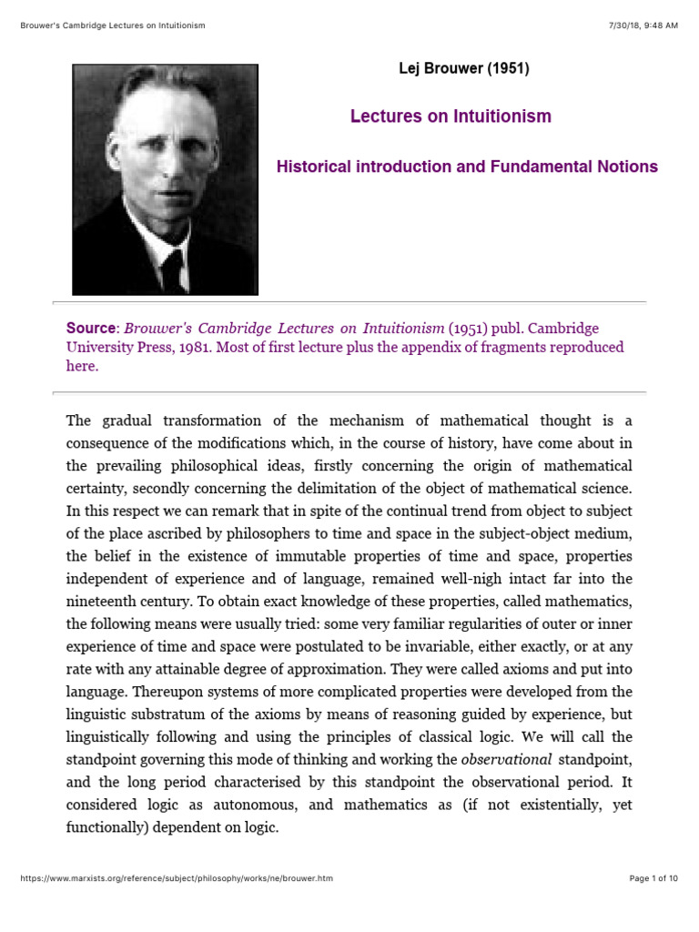 Brouwer's Cambridge Lectures On Intuitionism | PDF | Mathematical Logic | Mathematics