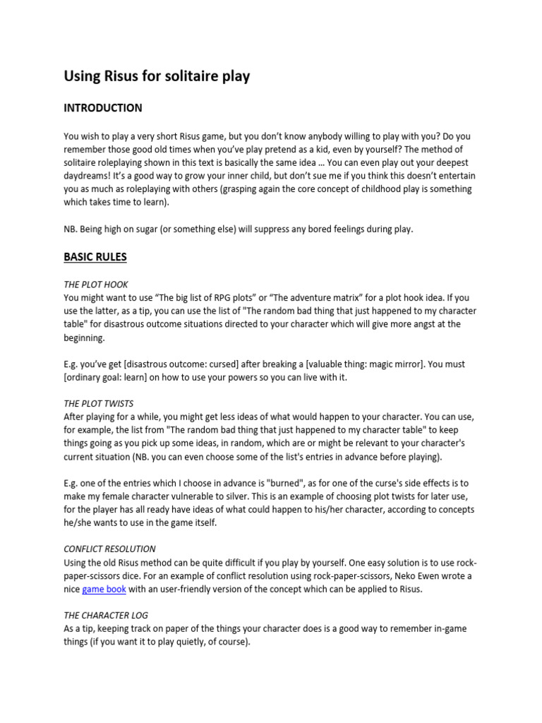 Using Risus For Solitaire Play | PDF | Plot (Narrative)