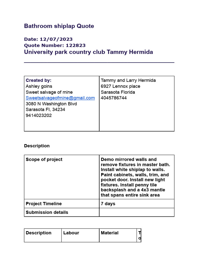 Quote For Shiplap Bathroom Reno | PDF | Bathroom | Bathing