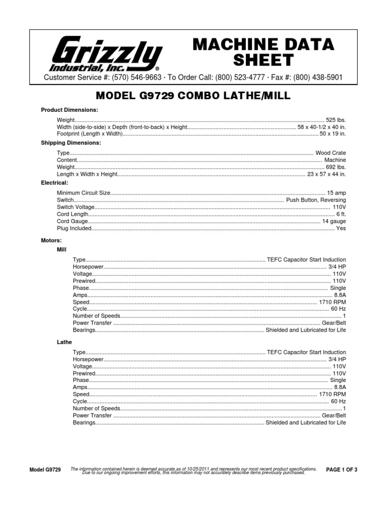 Machine Data Sheet: Model G9729 Combo Lathe/Mill | PDF | Metalworking ...