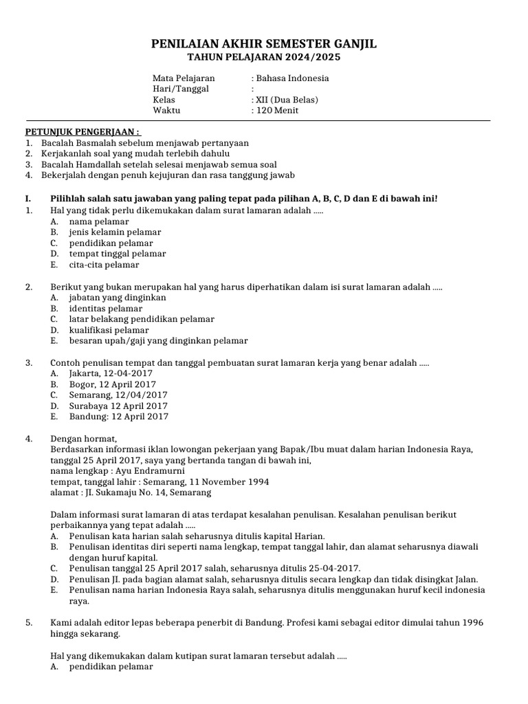Soal Bin KLS 12 Ganjil | PDF