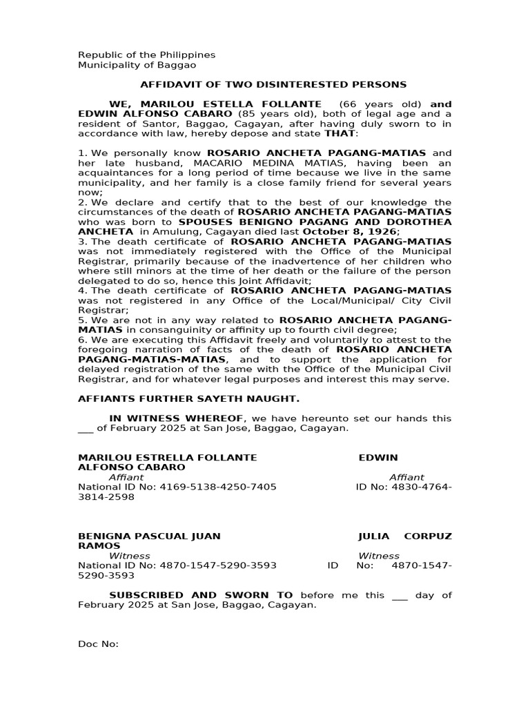 Affi-Of-2-Disinterested-Person-Rosario Pagang-Death | PDF
