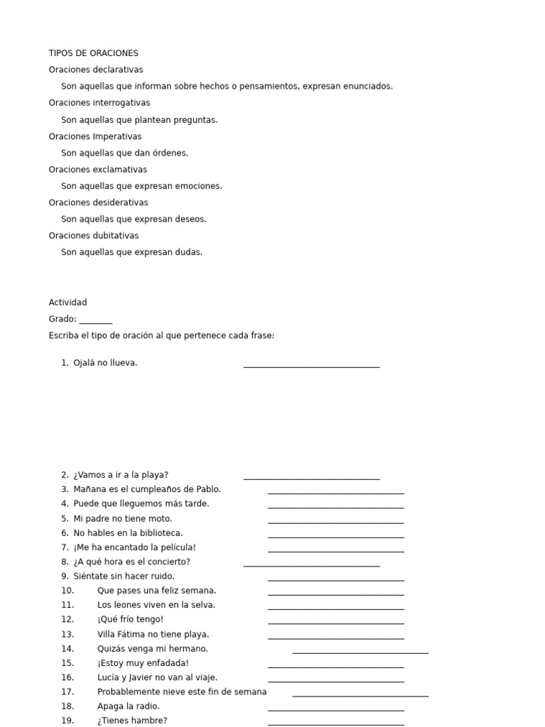 Tipos de Oraciones para Estudiantes | PDF