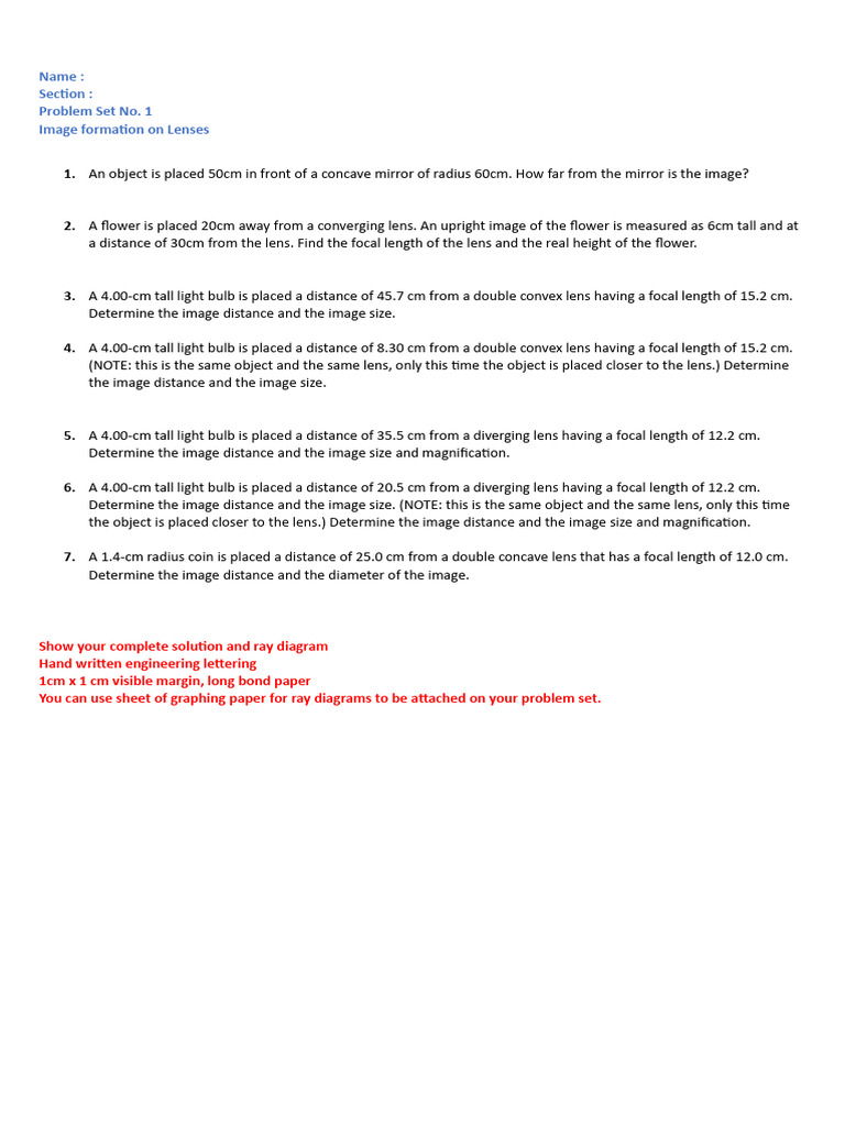 Problem Set No1 Optics | PDF