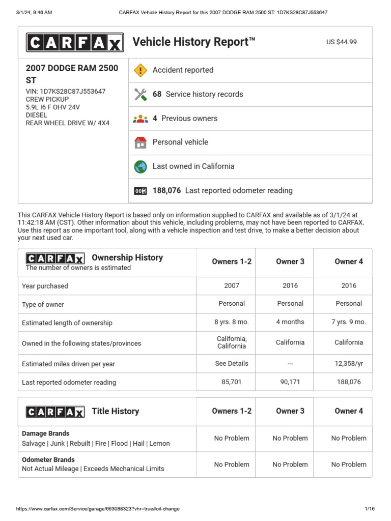 2007 Dodge Ram CARFAX Car Care | PDF | Chrysler | Dodge