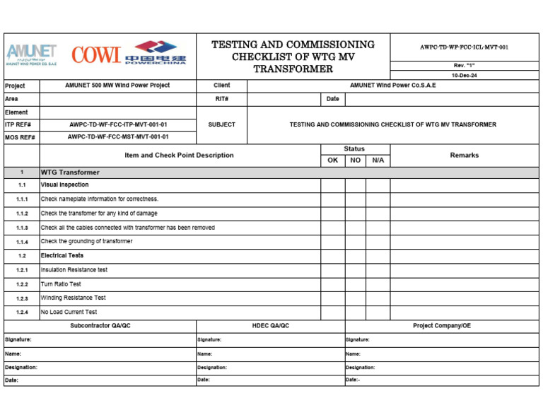 WTG MV Transformer Testing Checklist | PDF | Transformer | Electrical ...