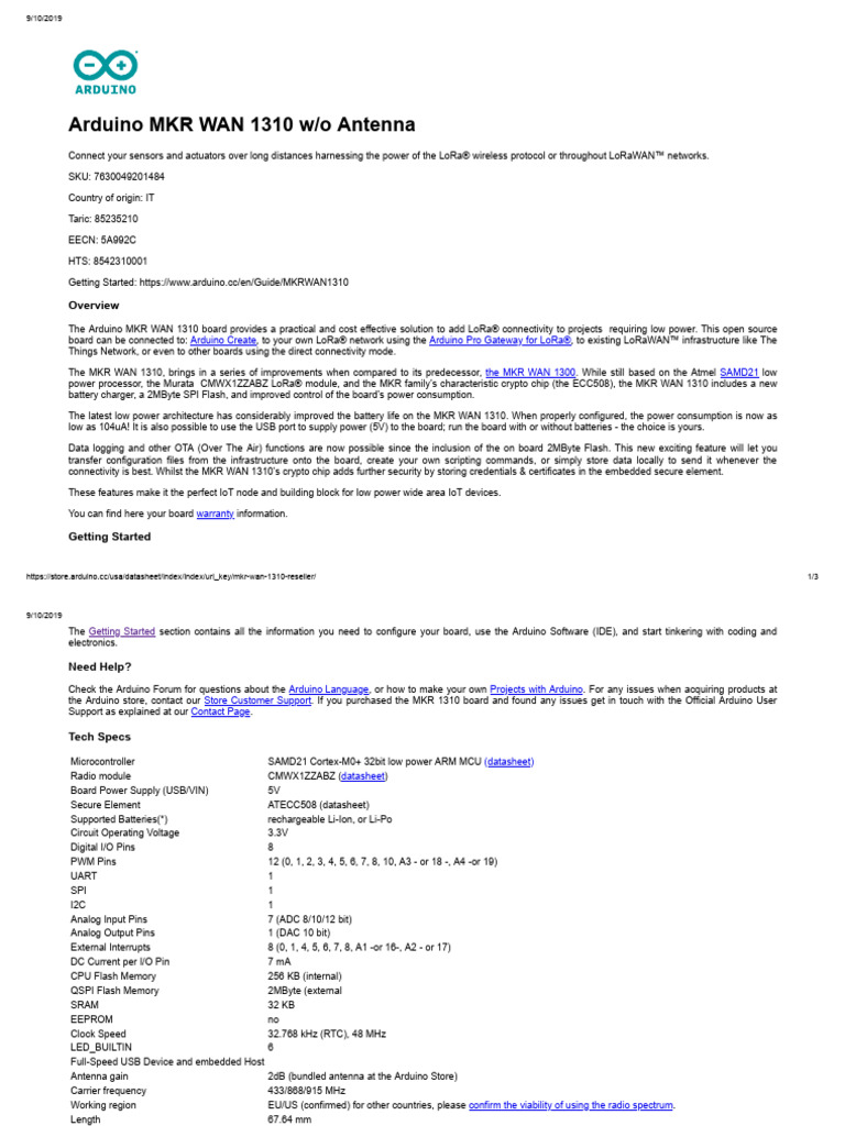 Abx00029 Mkr Wan 1310 Wo Antenna | PDF | Microcontroller | Arduino