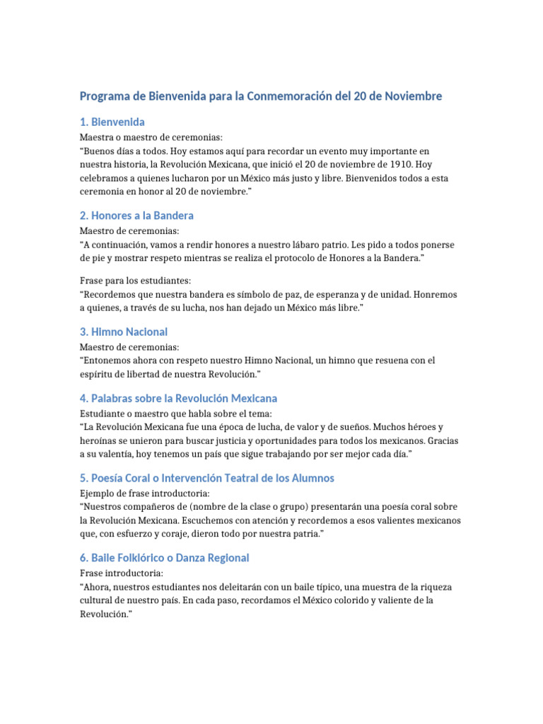 Programa Bienvenida 20 Noviembre | PDF