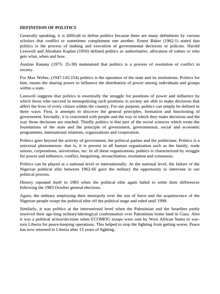 Definitions of Politics by Scholars | PDF | State (Polity) | Political ...