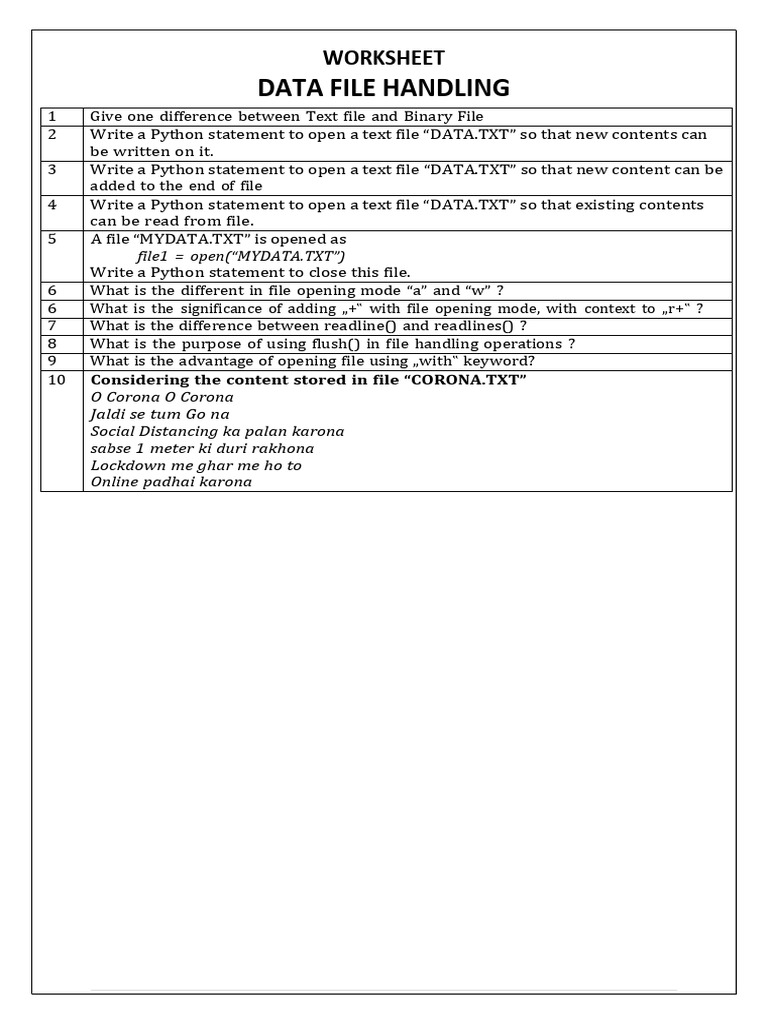 File Handling Worksheet-1 | PDF | Computer Programming | Computing