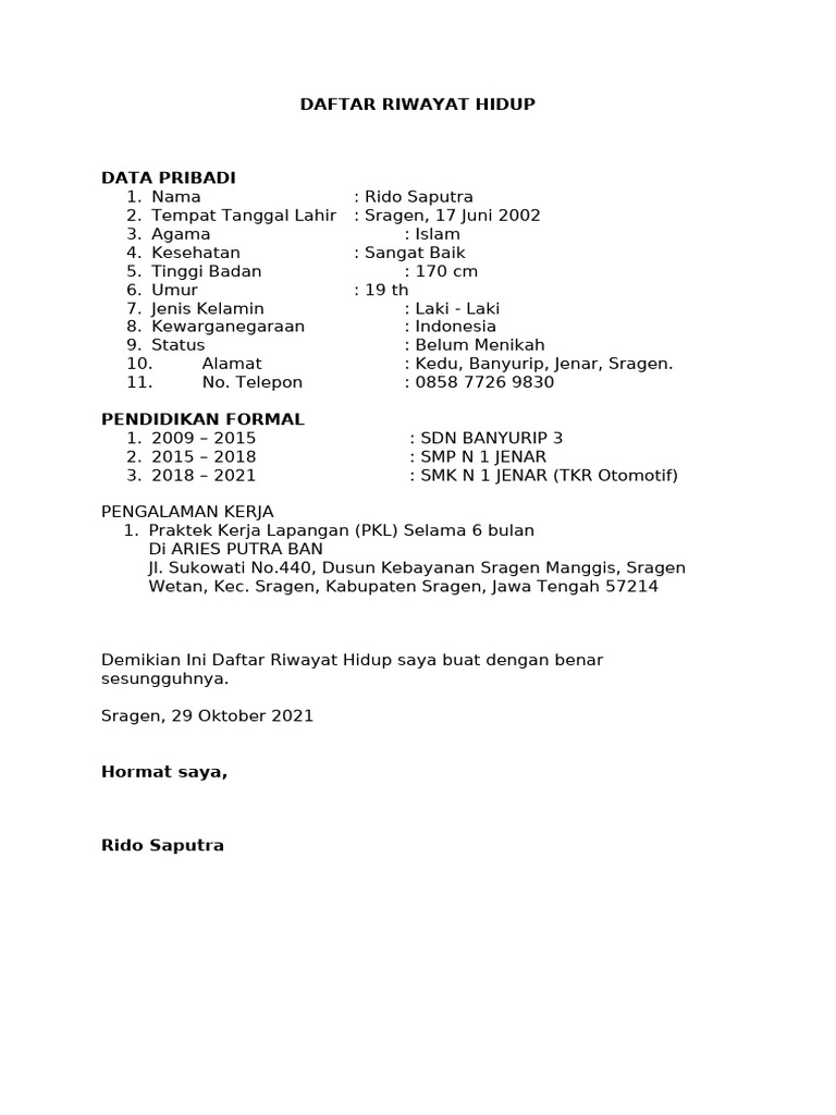DAFTAR RIWAYAT HIDUP RIDO | PDF