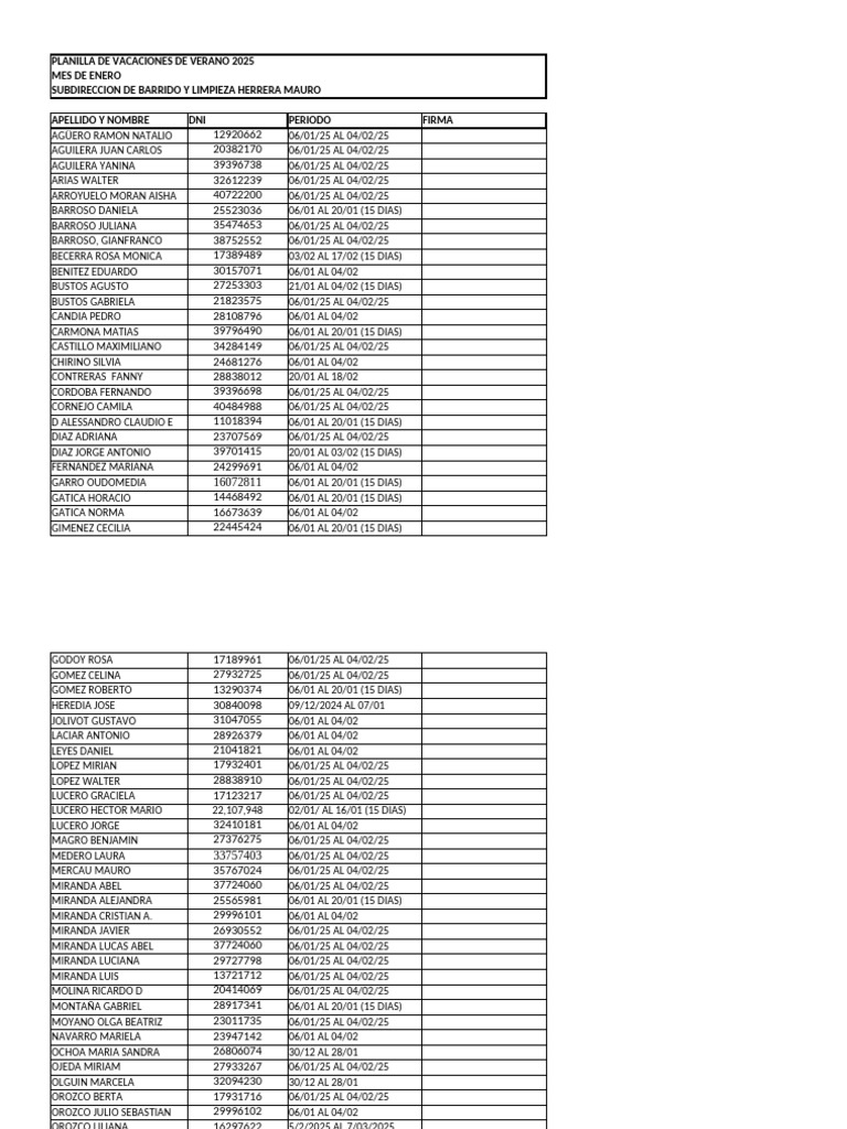 Planilla Vacaciones Verano 2025 | PDF