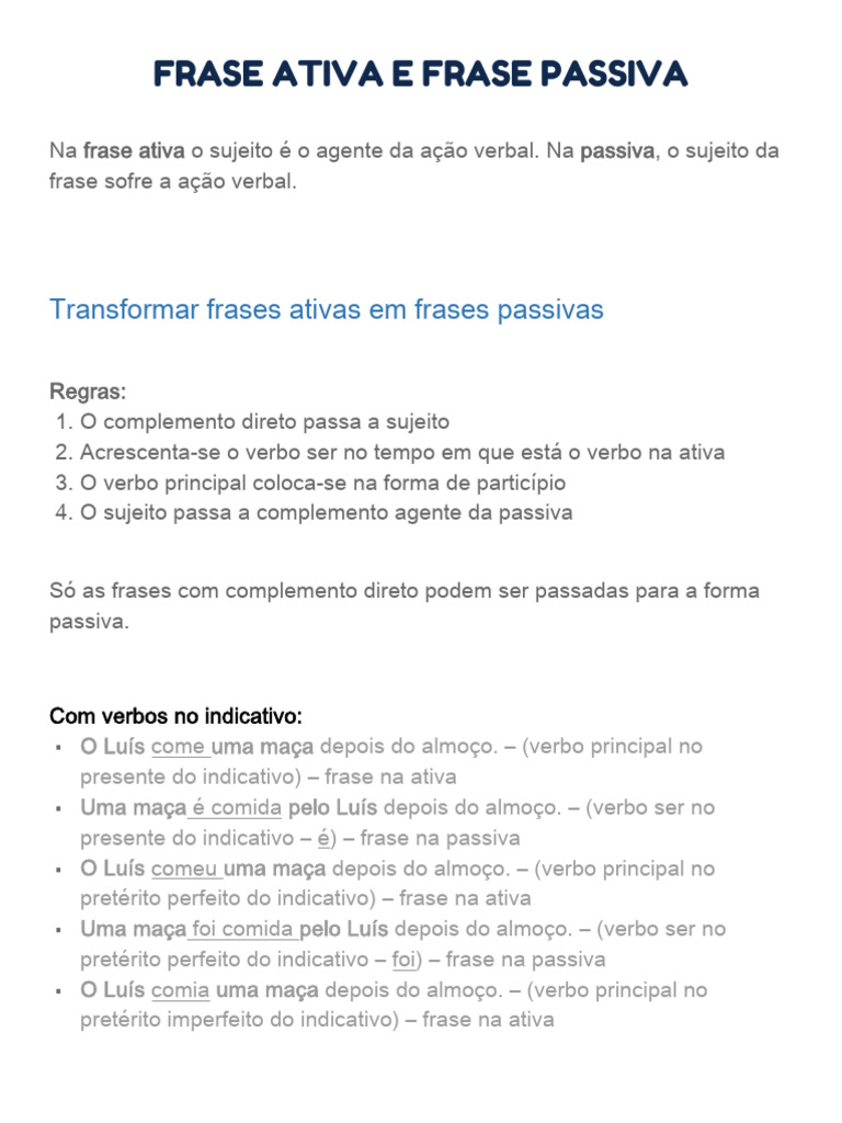 Frase Ativa e Frase Passiva | PDF | Assunto (gramática) | Famílias ...