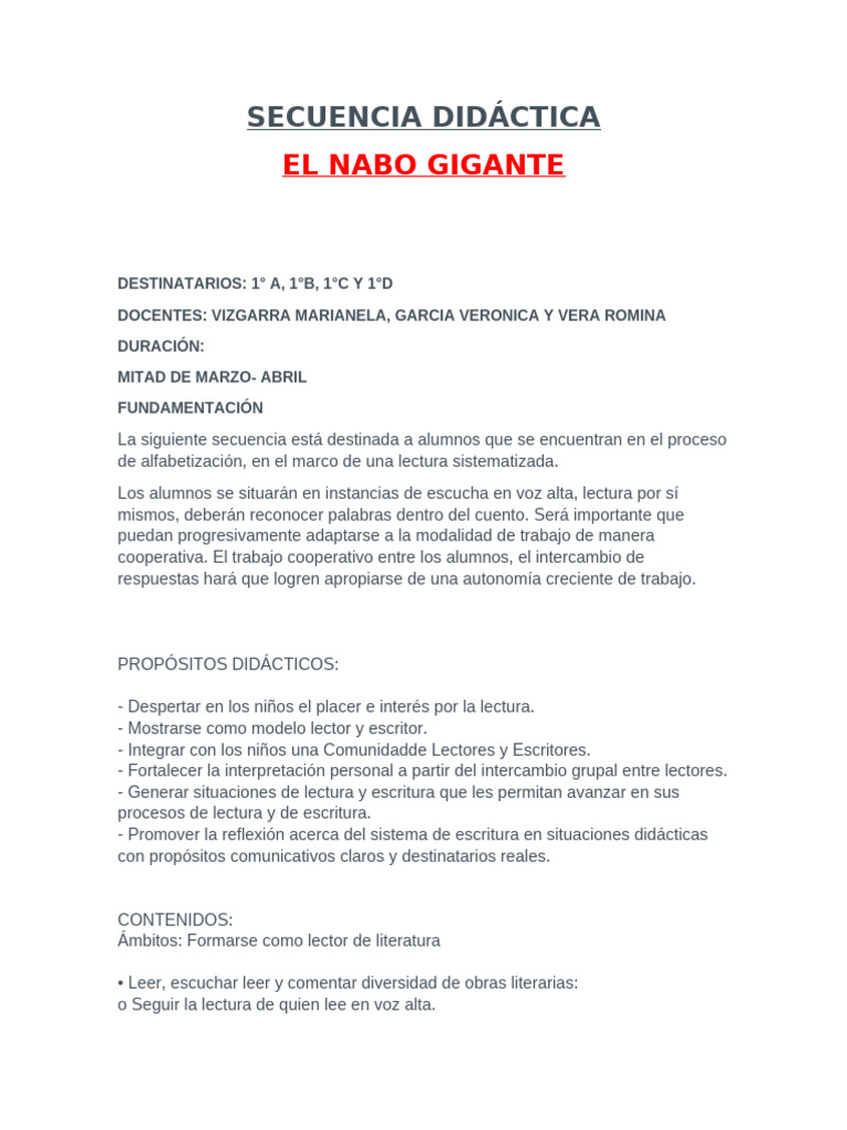 Secuencia Didáctica Nabo Gigante | PDF | Escritura