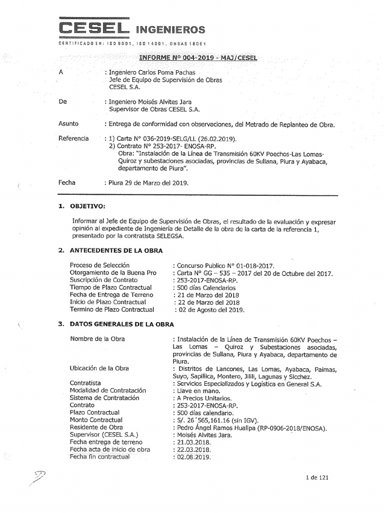 INFORME #004-2019-MAJ - CESEL Entrega de Conformidad Con Observaciones Del Metrado Replanteo de ...