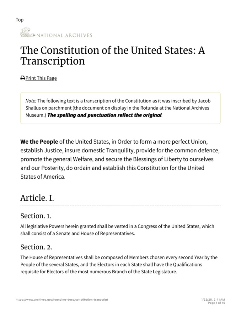 The Constitution of the United States- A Transcription | National ...