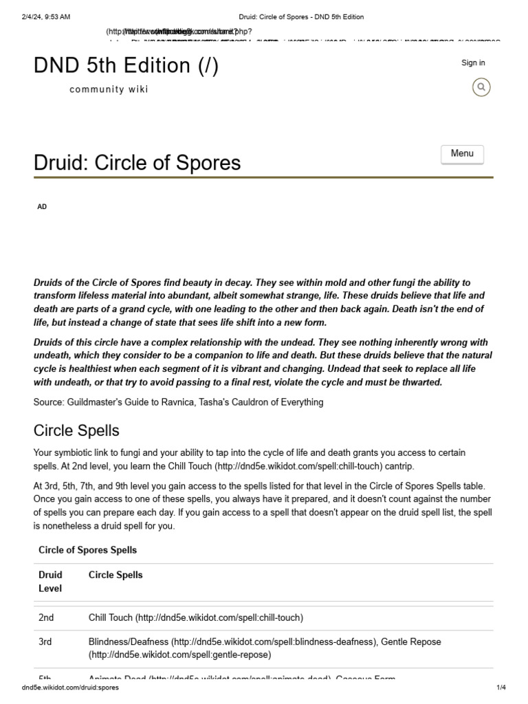 Druid - Circle of Spores - DND 5th Edition | PDF