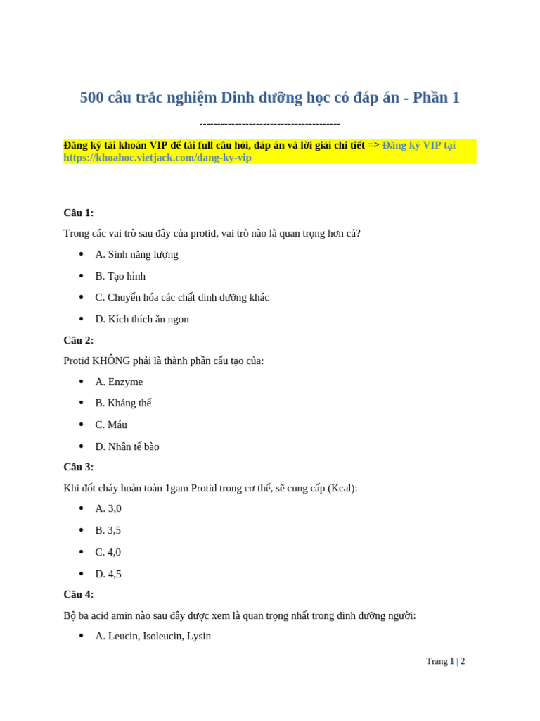 500 Cau Trac Nghiem Dinh Duong Hoc Co Dap An Phan 1 2025-01-13 | PDF