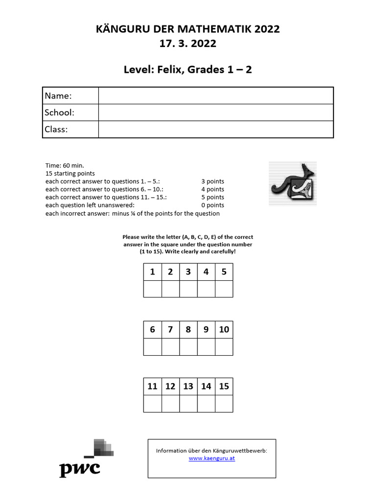 Känguru Mathematik 2022: Felix Level Test | PDF