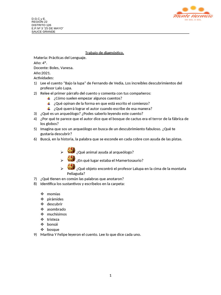 Actividades de Lenguaje 4º Grado | PDF