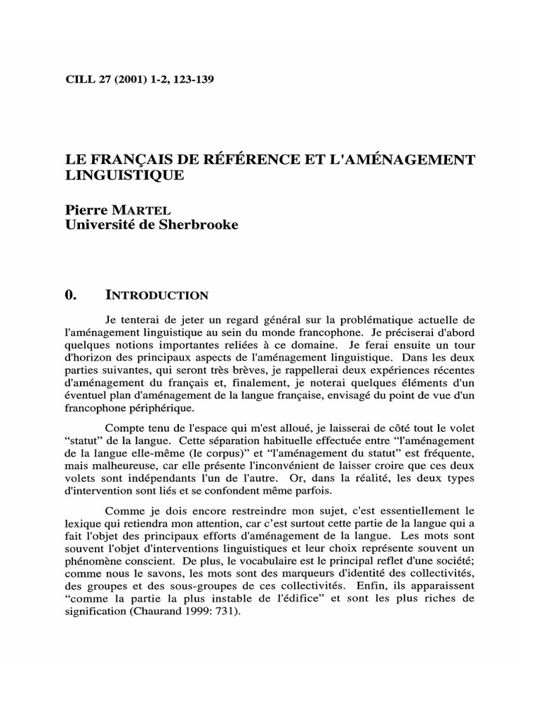 Le Français de Référence Et Laménagement Linguistique (MARTEL, Pierre ...