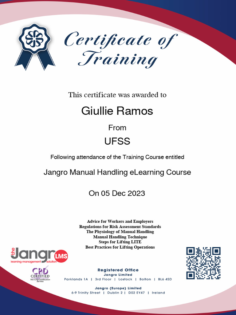 Jangro Manual Handling ELearning Course_Jangro Manual Handling Certificate | PDF