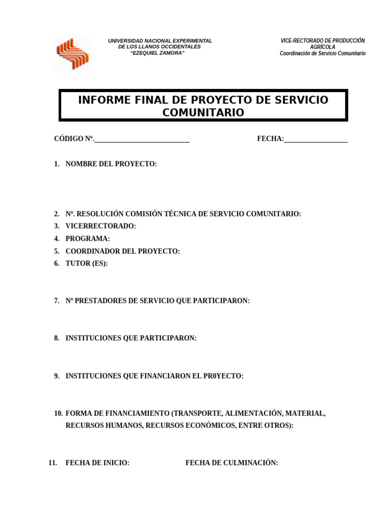 Formato Del Proyecto de Servicio Comunitario. Unellez Sucre | PDF