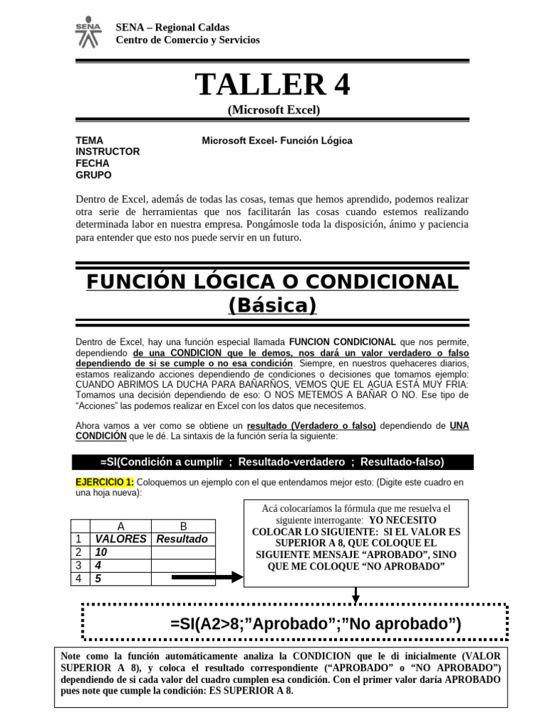 TALLER No. 4 - Funcion Logica (Básica) | PDF | Microsoft Excel ...