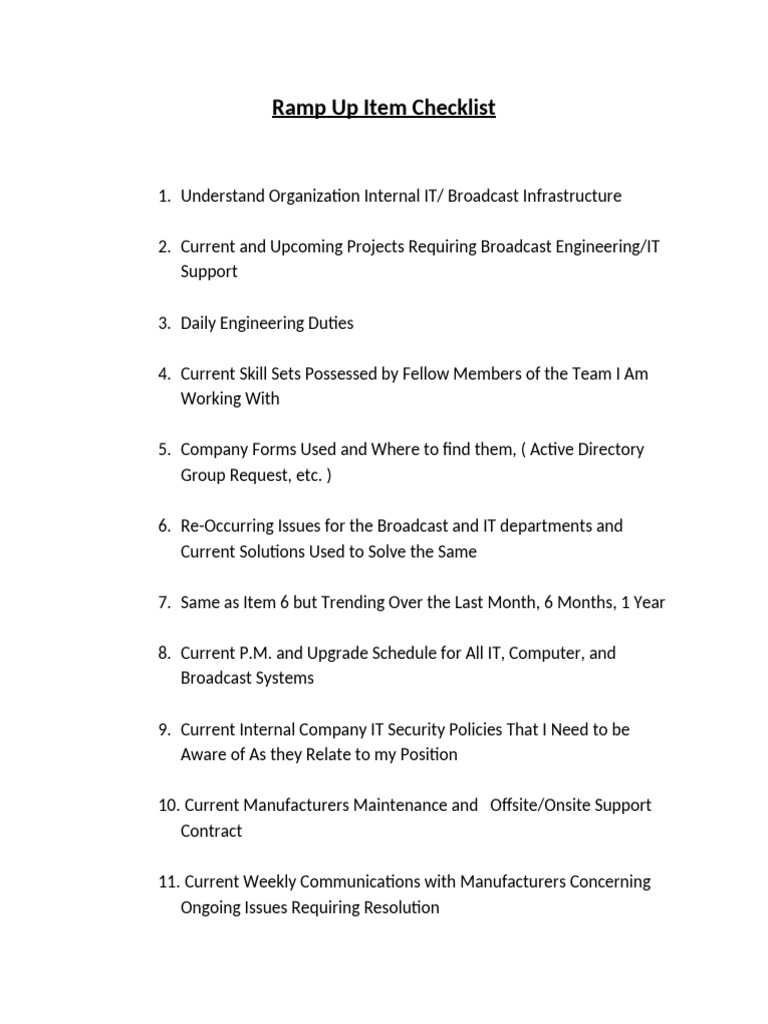 Ramp Up Item Checklist | PDF