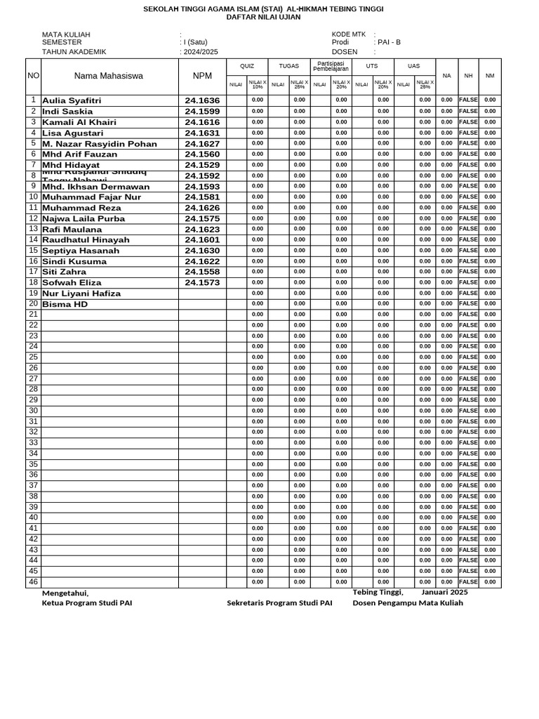 Form Nilai Pai Sem 1 b | PDF