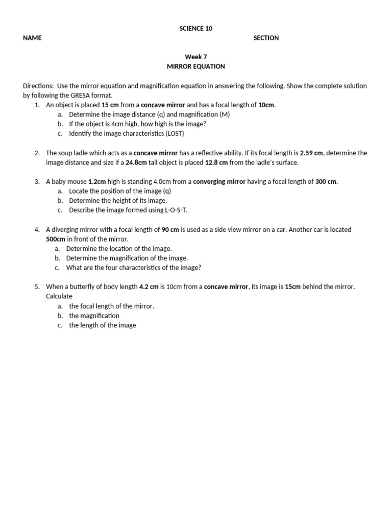 Worksheet Mirror Equation | PDF