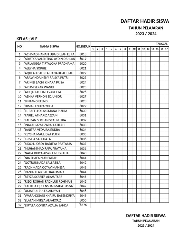 Daftar Hadir Siswa 2023 | PDF
