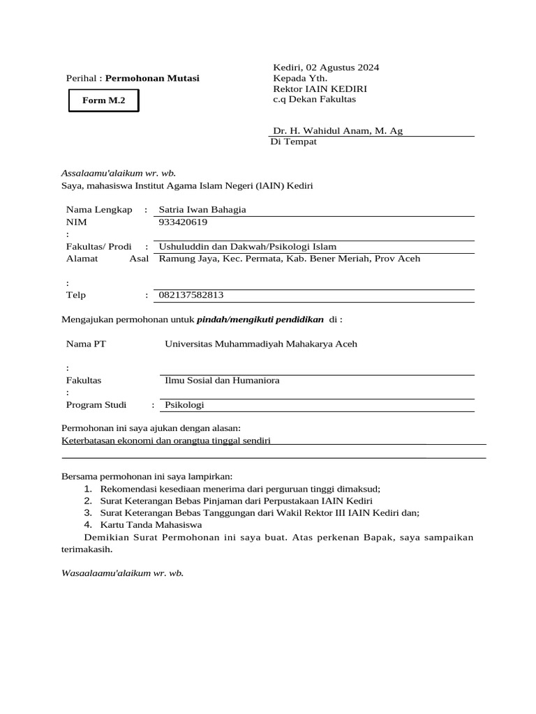 Surat Mutasi Form M.2 | PDF