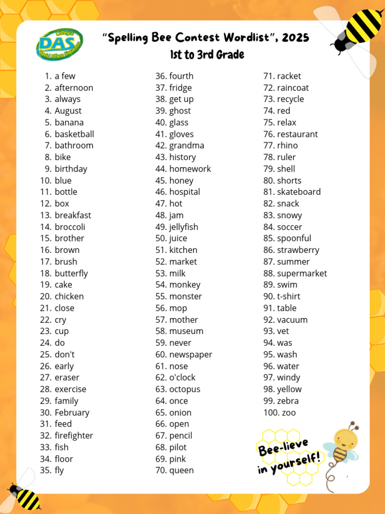 2025 Spelling Bee Wordlist Grades 1-3 | PDF