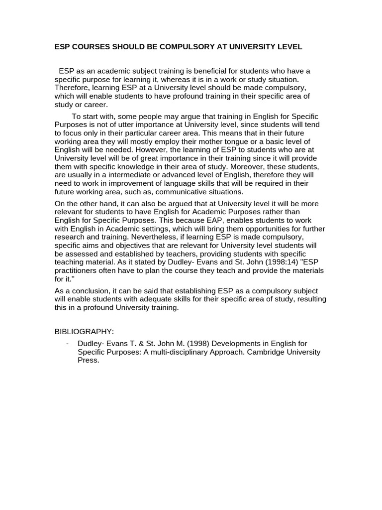 Esp Courses Should Be Compulsory at University Level | PDF