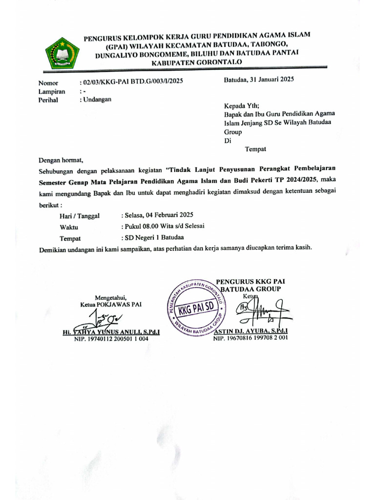 UNDANGAN KKG PAI SD - GURU PAI SD | PDF