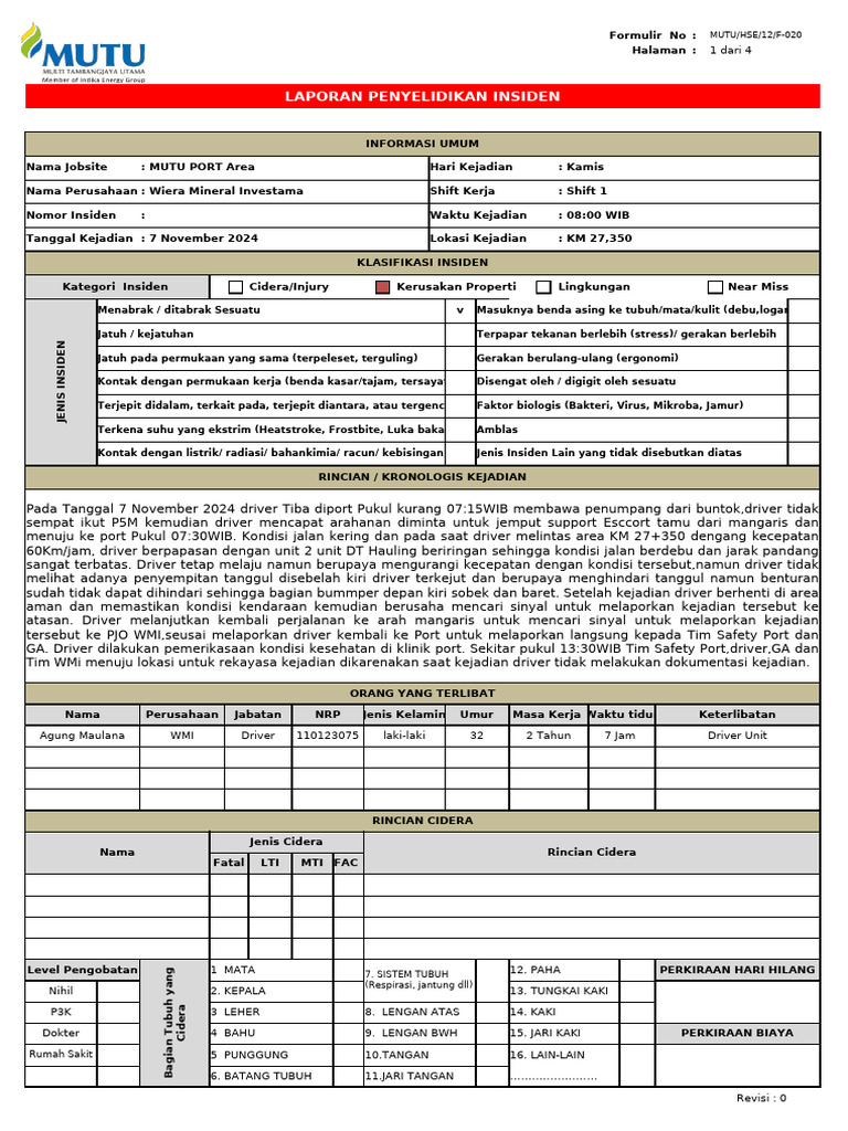 Formulir Lap Investigasi Insiden PT MUTU Agung Maulana Update | PDF